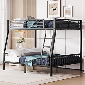 Miscoos Full XL Over Queen Bunk Beds for Adults, Heavy-Duty Metal Bunk Bed Frame with PVC Rubber Cover Ladders and Safety Full-Length Guardrails for Kids Teens Adults, Space-Saving, Black