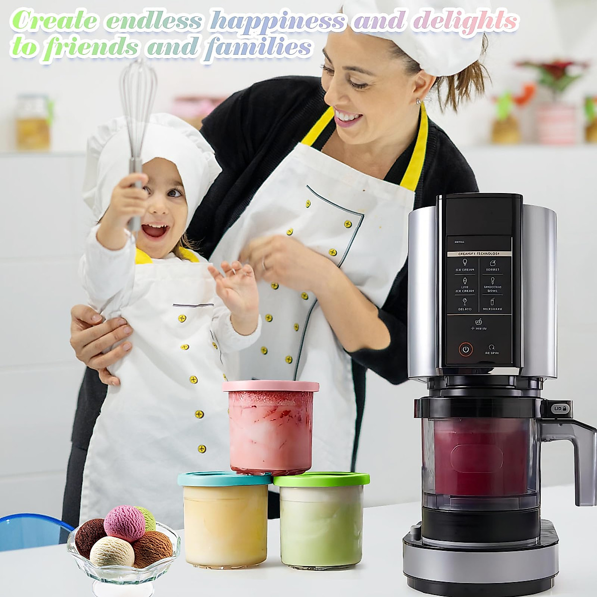 6 Pack Replacement Pint and Lid with Fork, SPOKKI Pint Containers with Silicone Lids, Compatible with Ninja Creami NC301 NC300s NC299AMZ Series, Airtight & Dishwasher Safe