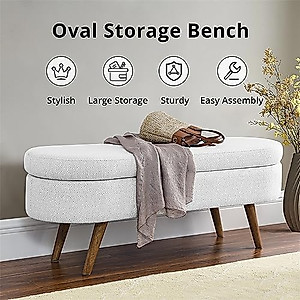 TRIPLE TREE 43.5" Storage Ottoman Bench with 250lb Seating, Linen Upholstered Wood Legs Safety Hinge Flip Top Oval Foot Rest Long Stool for Sofa Couch Bedroom End of Bed Living Room Entryway, White