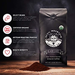 Devil Mountain Coffee Black Label Dark Roast Ground Coffee, Strong High Caffeine Coffee Grounds, USDA Organic, Fair Trade, Gourmet Artisan Roasted, Strongest Coffee in the World, 16 oz Bag