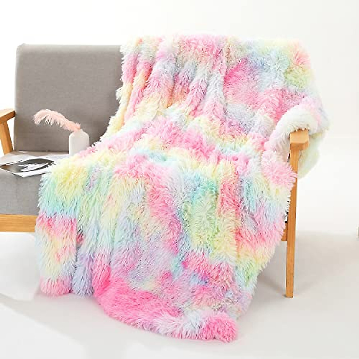 YOU SA Colorful Rainbow Design Shaggy Faux Fur Blanket Ultra Plush Long Hair Decorative Throw Blanket 51''x63'', Rainbow-1