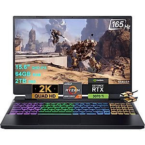 Acer Nitro 5 15 Gaming Laptop 15.6" QHD IPS 165Hz (300 nits 100% DCI-P3) AMD Octa-core Ryzen 7 6800H (Beat i7-11370H) 64GB RAM 2TB SSD GeForce RTX3070Ti 8GB Backlit HDMI USB-C Win11 Black + HDMI Cable