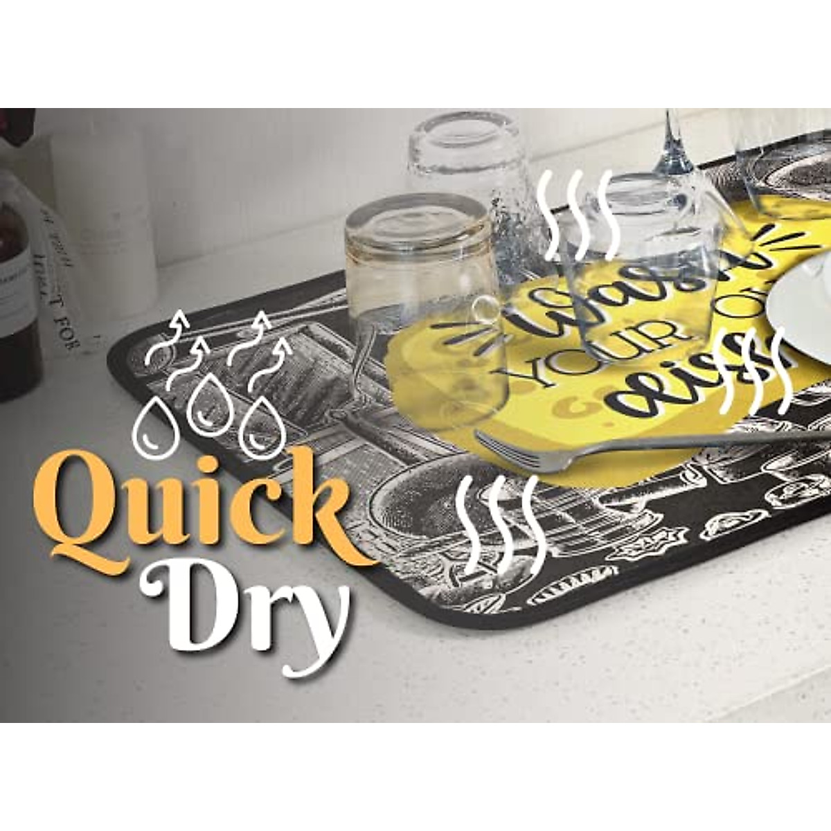 Dish Drying Mat for Kitchen Counter, Best Housewarming & Kitchen Gifts for New House, 16"x22",Absorbent Microfiber, Comes with Faucet Splash Catcher, Unique Design, Gift Box Ready-Wash Dishes