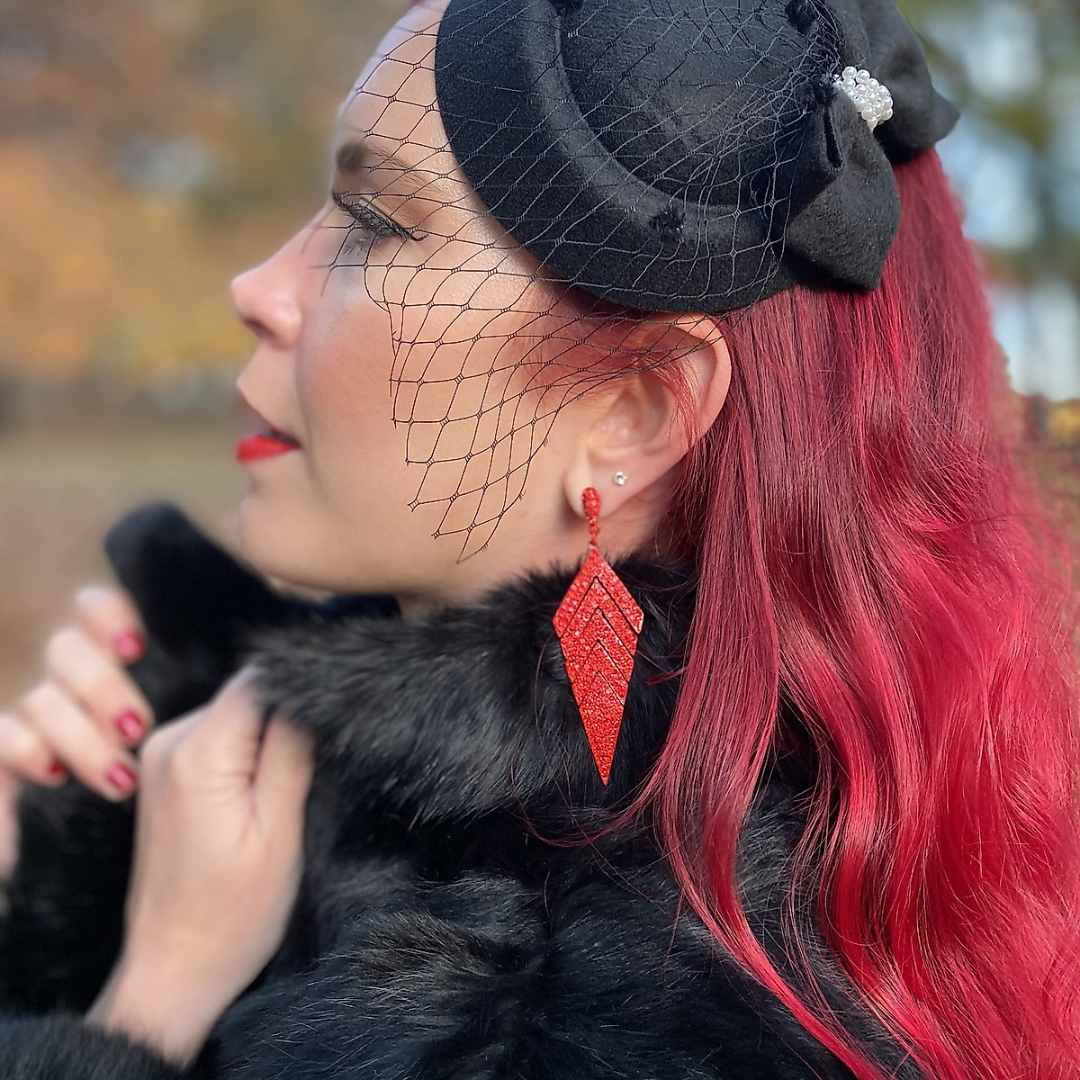 EVER FAITH Women's Crystal Elegant Banquet Multi-layered Rhombus Dangle Pierced Earrings Red Red-Tone