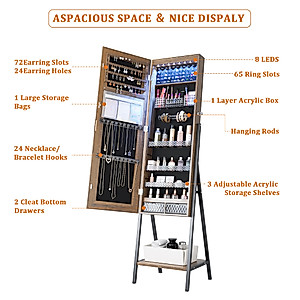 Lvifur LED Jewelry Armoire Freestanding, 3 Color Dimmable 47.2'' Full Length Mirror Large Capacity Jewelry Organizer Armoire, Lockable Floor Standing Mirror All in One for Bedroom (47.2'' Wooden)