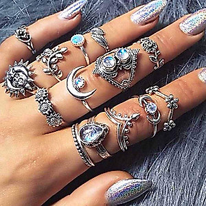 Yokawe Vintage Crystal Rings Set Silver Boho Rhinestone Finger Rings Star Moon Knuckle Ring Gem Joint Ring Stacking Midi Rings Jewelry for Women(14 PCS)