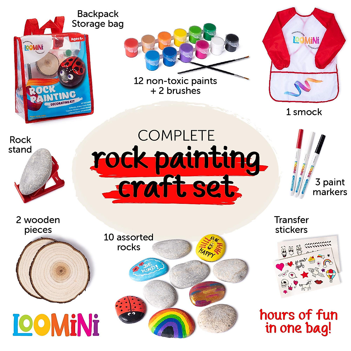 Rock Painting Kit for Kids | Arts & Craft Kits for Girls & Boys with 10 Assorted River Rocks, Acrylic Paints, Paintbrushes, Art Smock, Paint Markers, Stickers & Loads More