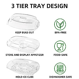 Funyakit Extra Large Appetizer Serving Tray on Ice with Stainless Steel Tongs and Forks, Chilled Platter with Lid, 4 Compartments for Shrimp Cocktail Fruits Veggies Seafood Dips, Cold Dish for Party