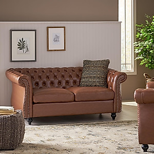 Merax 61" Retro PU Leather Chesterfield Loveseat with Button Tufted and Rolled Arm, Mid Century Small Couch Sofa Love Seat for Bedroom, Office, Living Room & Apartment, Easy Assembly Furniture, Brown