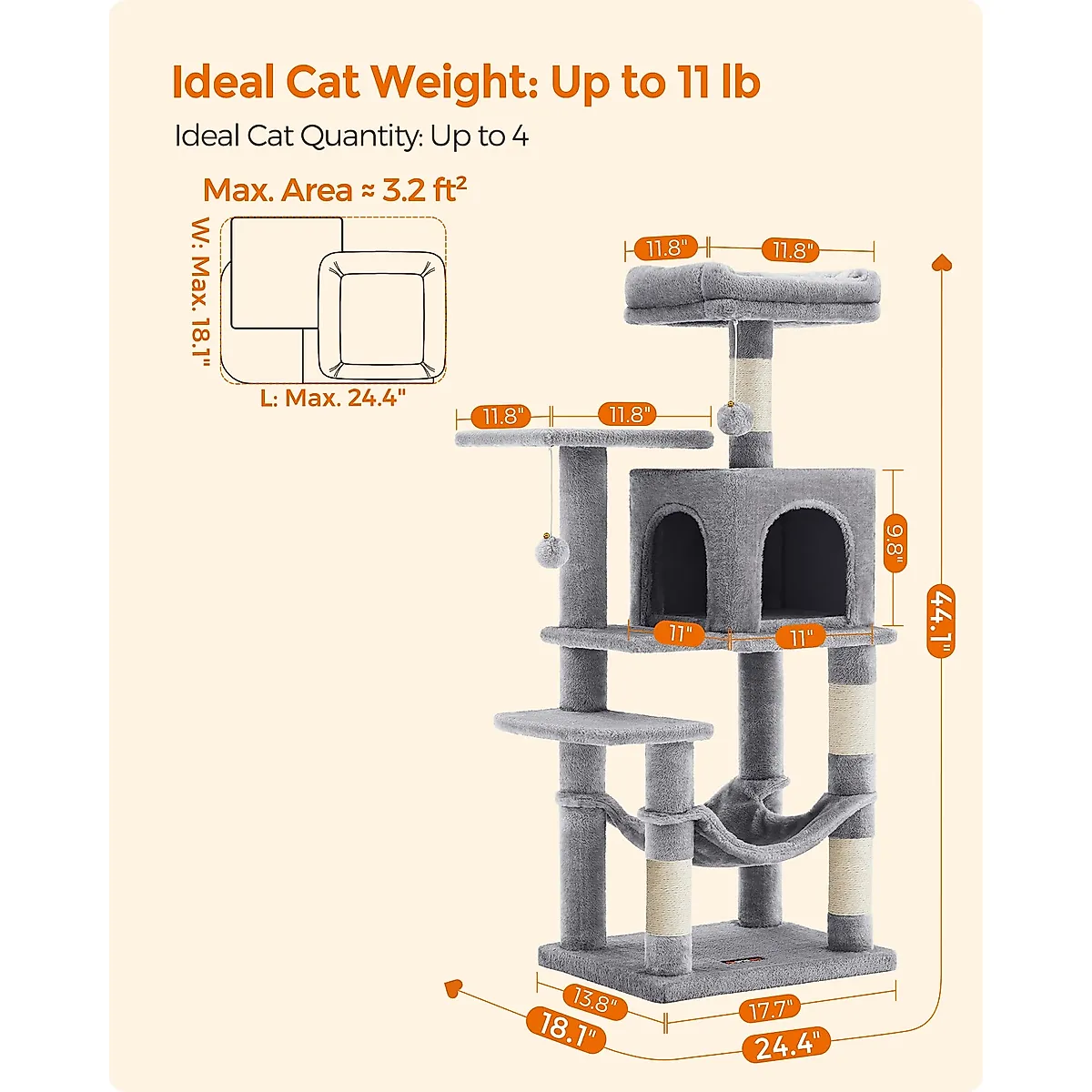 Feandrea Cat Tree, 44.1-Inch Cat Tower for Indoor Cats, Multi-Level Cat Condo with 4 Scratching Posts, 2 Perches, Hammock, Cave, Light Gray UPCT261W01