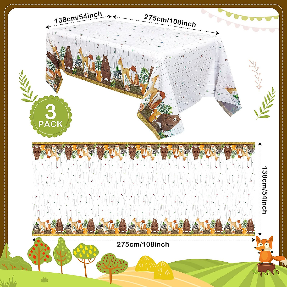 Dianelhall 3 Pcs Woodland Tablecloth, Woodland Animals Baby Shower Decorations Forest Animals Table Covers for Baby Shower Table Cloth (Boy)