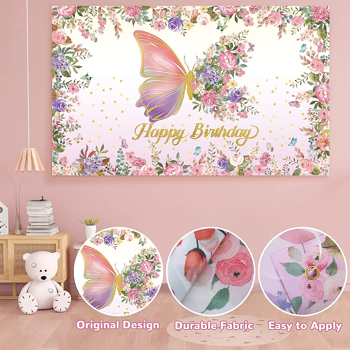 MOMOHOO Butterfly Birthday Party Decorations - 109Pcs Pink and Purple Balloons Arch Kit Butterfly Backdrop for Birthday Party, Butterfly Tablecover, Happy Birthday Banner Butterfly Stickers Decoration
