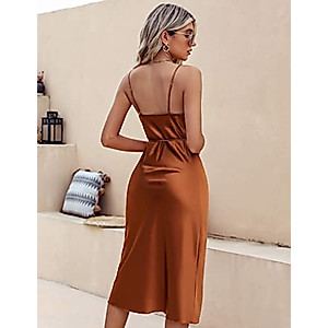 Ekouaer Women's Satin Nightgown Adjustable Sleeveless Spaghetti Strap Silky Satin Midi Slip Dress Silk Sleepwear Sleepwear Nightshirts Rust Brown