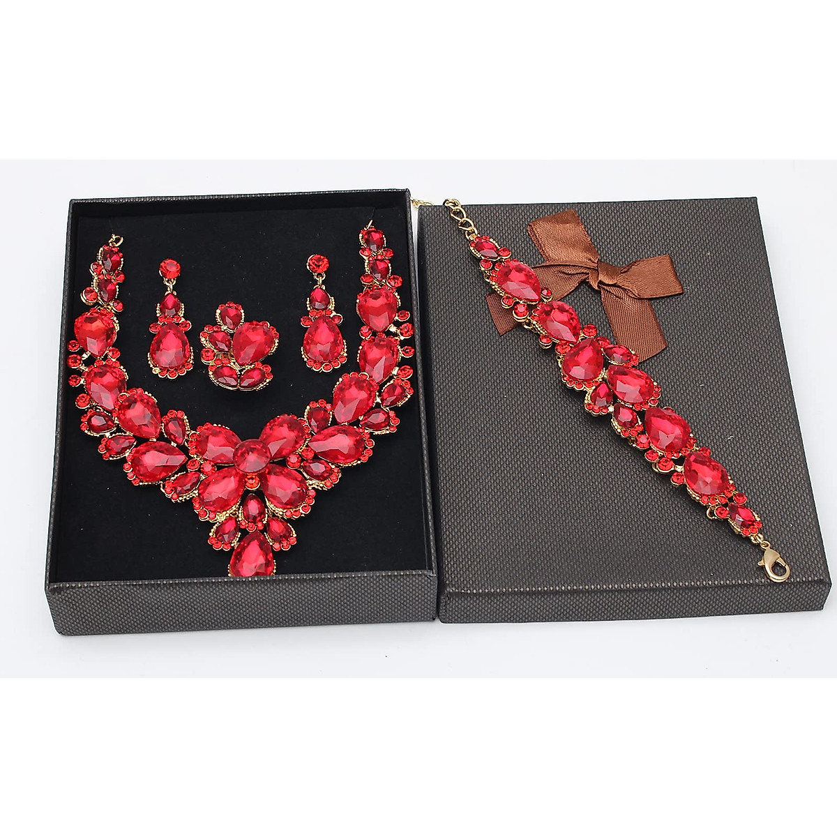 QYJ Women’s Wedding Bridal Austrian Crystal Glass Teardrop Statement Necklace Dangle Earrings Bracelet Ring Wedding Party Jewelry Set for Bridal Bridesmaid (Pink-Gold Plated)