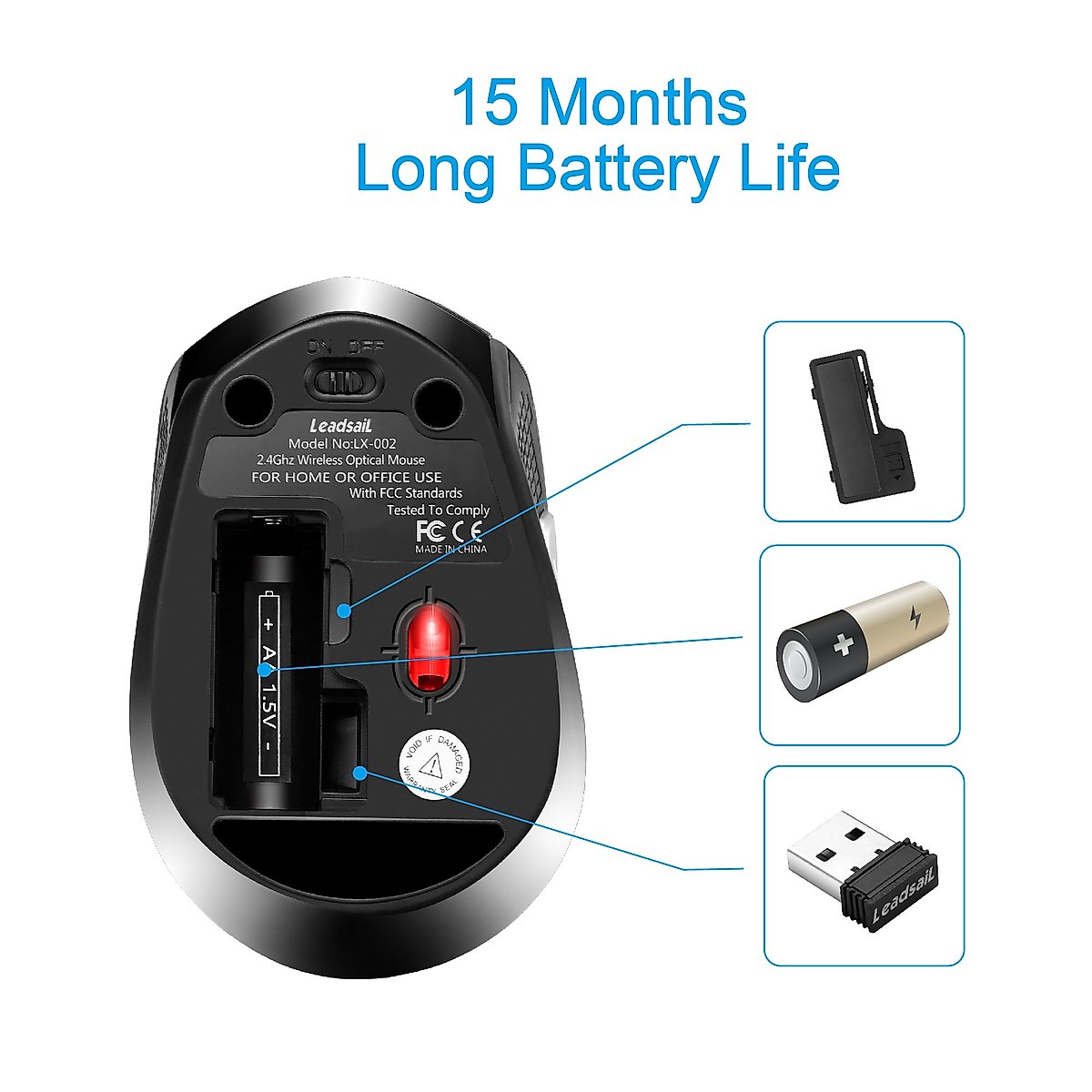 LeadsaiL Wireless Computer Mouse, 2.4G Portable Slim Cordless Mouse Less Noise for Laptop Optical Mouse with 6 Buttons, USB Mouse for Laptop, Deskbtop, MacBook (Grey)