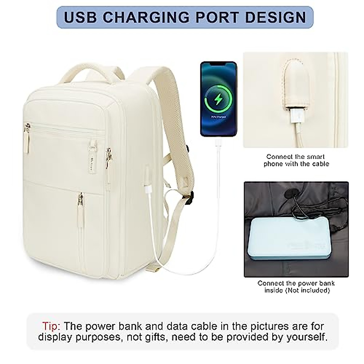 Hp hope Travel Backpack for Women Men, Expandable Airline Approved Carry On Backpack Flight Approved, Waterproof Hiking Weekender Backpack with USB Charging Port & Shoes Compartment, White