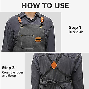 Riqiaqia Chef Apron for Women Men, Cotton Canvas Cross Back Apron with Adjustable Strap and Large Pockets (Grey)