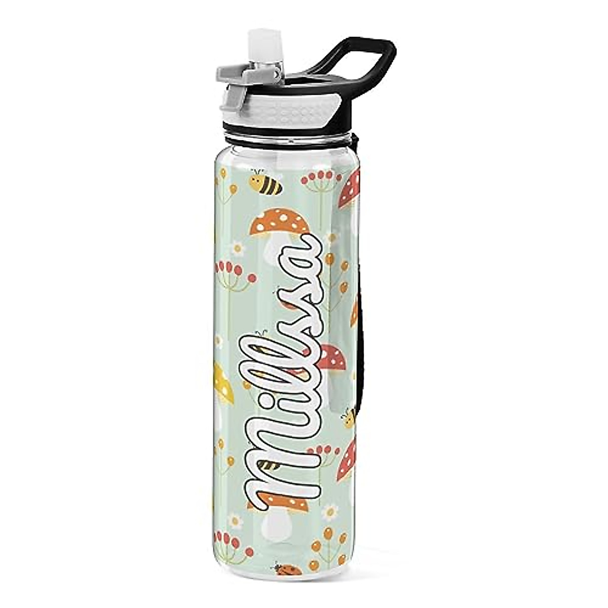 Wusikd Mushroom Custom Water Bottle Tritan BPA-Free Drink and Straw Leakproof Motivational Bee Ladybug Drinking Water Bottles with Carrying Strap for Office, Gym, Outdoor Sports