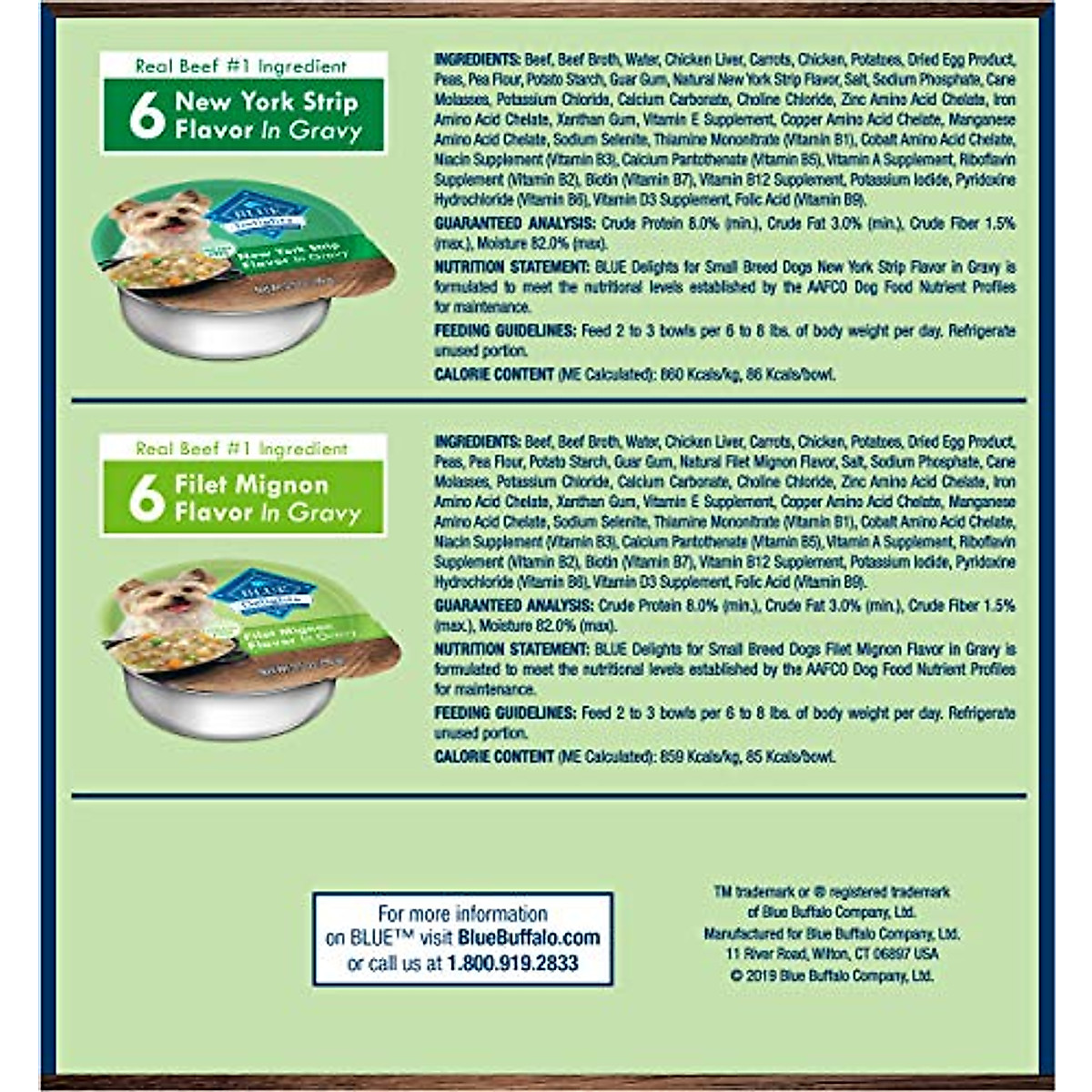 Blue Buffalo Delights Natural Adult Small Breed Wet Dog Food Cups Variety Pack, in Hearty Gravy, Filet Mignon & New York Strip 3.5-oz Cups (12 count - 6 of each Flavor)