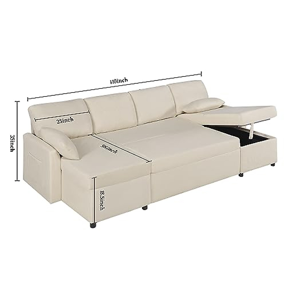 VanAcc Sleeper Sofa, 110 inch Overisze - 2 in 1 Pull Out Bed, Sectional Sleeper Sofa with Double Storage Chaise for Living Room, Beige Chenille Couch