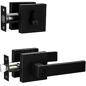 Berlin Modisch Contemporary Square Entry Lever Door Handle and Single Cylinder Deadbolt Locking Lever Handle Set [Front Door or Office] Right & Left Sided Doors Heavy Duty – Iron Black Finish