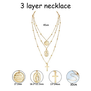 ORAZIO 2PCS Layered Necklace for Women Cross Blessed Virgin Mary Pendant Necklace Chain Gold Tone