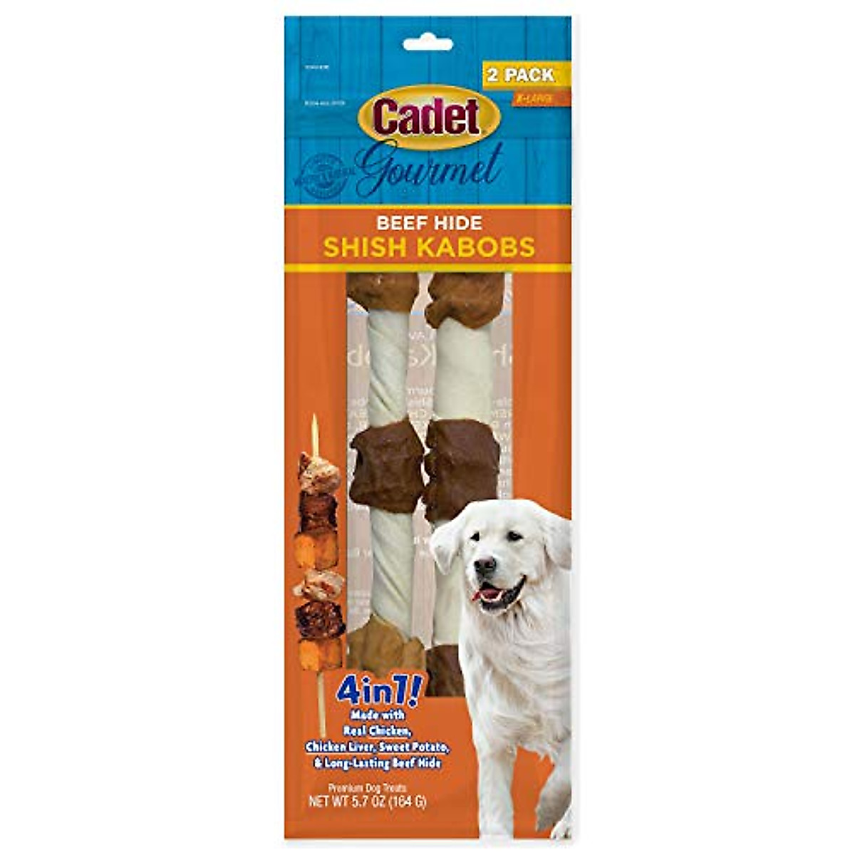 Cadet Gourmet X-Large Triple-Flavored Beef Hide Shish Kabob Dog Treats - Healthy & Natural Chicken, Liver, & Sweet Potato Dog Treats for Dogs Over 30 lbs., 10 in. (2 Count)