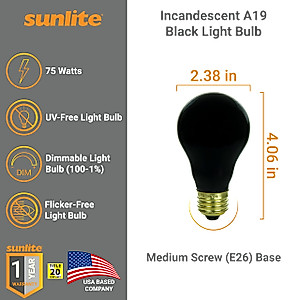 Sunlite 41744 Incandescent A19 Black Light Bulb, 75 Watts, E26 Medium Base, Dimmable, Party Decoration lamp, Holiday Lighting, Household Lighting, Mercury Free, Black, 12 Count