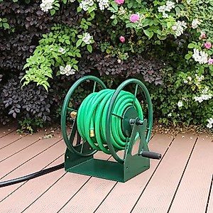 Amazon Basics Wall/Floor Mount Garden Hose Reel with 5-Ft. Leader Hose, Holds up to 200-Feet, Bronze,green