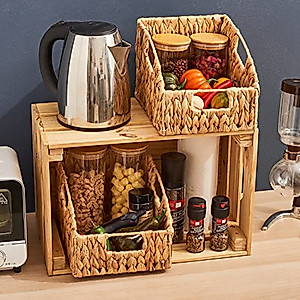 EZOWare Woven Open Front Storage Baskets, Natural Water Hyacinth Wicker Storage Trapezoid Organizer Bin Boxes with Handles for Closet Toys Clothes Kids Room Nursery, Empty Decorative Gift - Set of 2