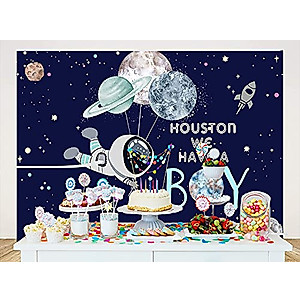 Ticuenicoa 7x5ft We Have A Boy Backdrop for Baby Shower Outer Space Rocket Astronaut Theme Babyshower Backdrops Night Sky Hanging Stars Planet Galaxy Photo Background Kids Birthday Party Decoration