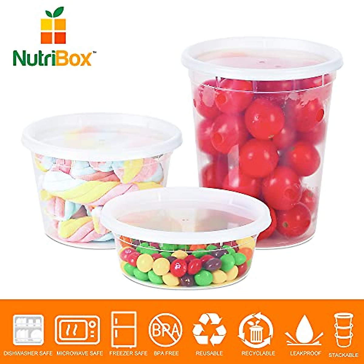 NutriBox [44 Pack] Three Sizes Food Storage Plastic Deli Containers with Airtight Lids 8 oz, 16 oz, 32 oz, BPA Free, Reusable, Microwaveable, Dishwasher, Freezer Round Clear Takeout Containers