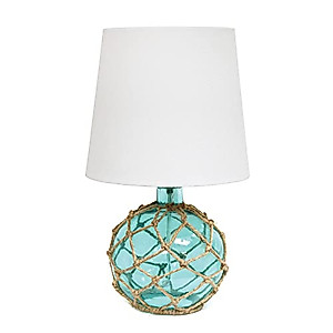 Elegant Designs LT1050-AQU Buoy Rope Nautical Netted Coastal Ocean Sea Glass Table Lamp with White Fabric Shade, Aqua