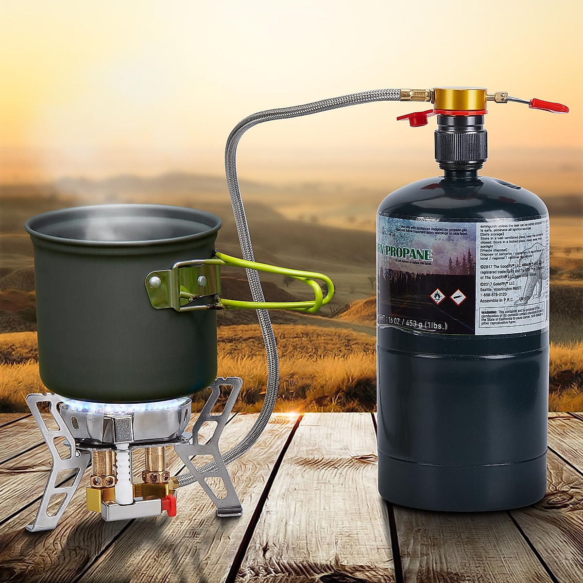 WADEO 6800W Windproof Camping Gas Stove, Small Camping Stove with Piezo Ignition, 1LB Propane Tank Adapter, Butane Adapter for Outdoor Cooking, Picnic, Camping and Hiking