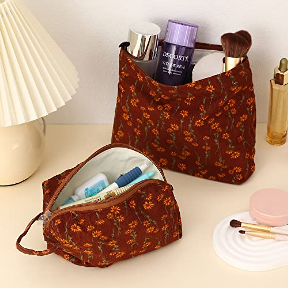 MHDGG 2 Pieces Makeup Bag Set Large Travel Makeup Bag Floral Cosmetic Bag Makeup Bag Pouch Travel Cosmetic Organizer for Women,Brown