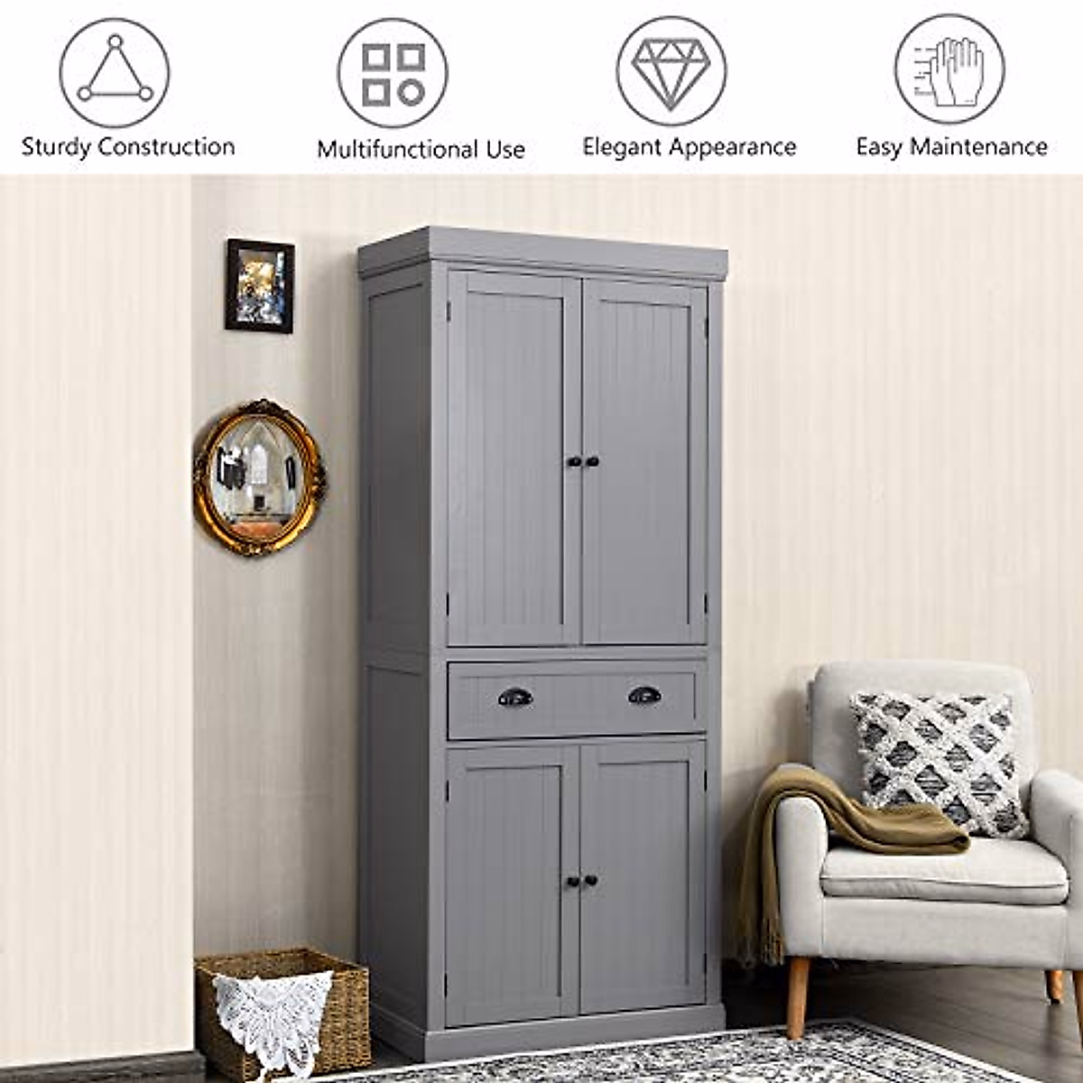 MAT EXPERT Kitchen Pantry Cupboard Cabinet, Freestanding Storage Cabinet w/Drawers & Adjustable Shelves, 4-Door Wooden Storage Organizer for Living Room/Kitchen/Bedroom (Gray)