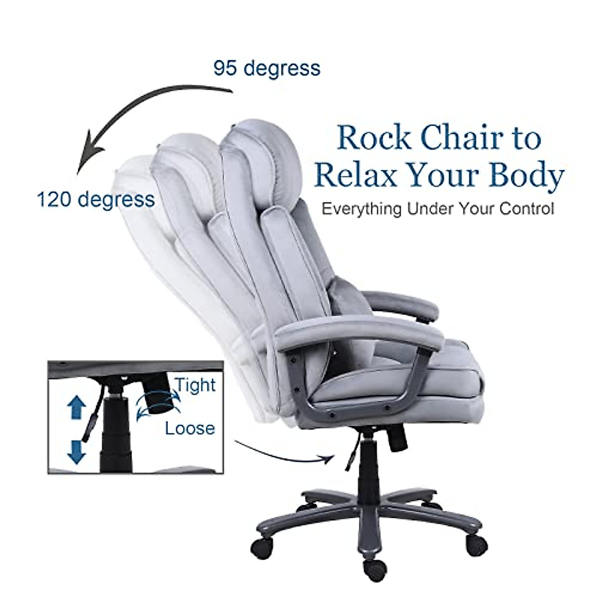 Dreamsir Ergonomic High Back Executive Office Chair 400lbs, Adjustable Height Rocking Swivel Computer Desk Chair for Heavy Tall People, Thick Padding Headrest and Armrest (Gray)