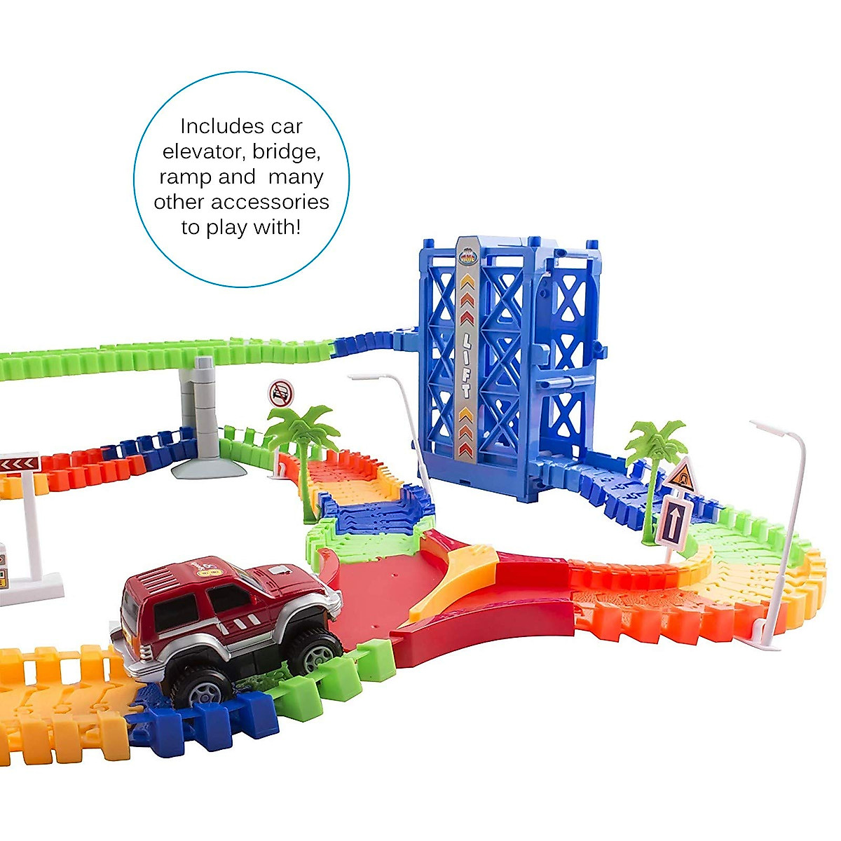 Vokodo Race Car Track Set Toy Educational Twisted Flexible Tracks 240 Pcs 2 Cars Toy with Lifter, Bridge ,Trees, Gas Station for Kids Children Toys