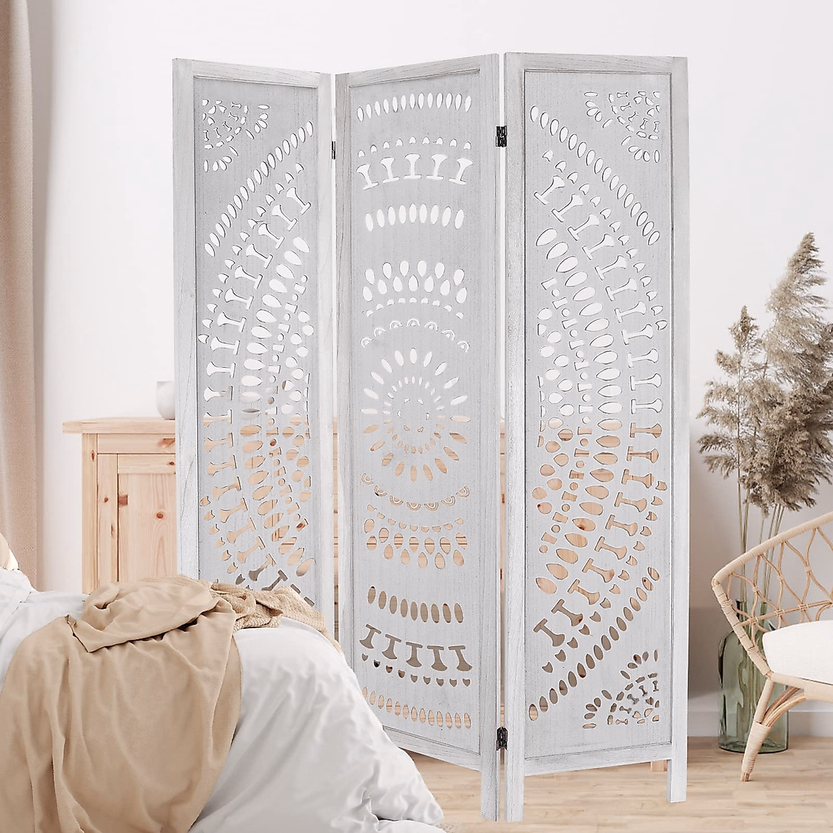 ECOMEX 3 Panel Wood Room Dividers Fully Assembled 5.6Ft Carved Room Dividers and Folding Screens Room Divider Screen Wood Freestanding Partition for Home Bedroom Office Restaurant, Retro White