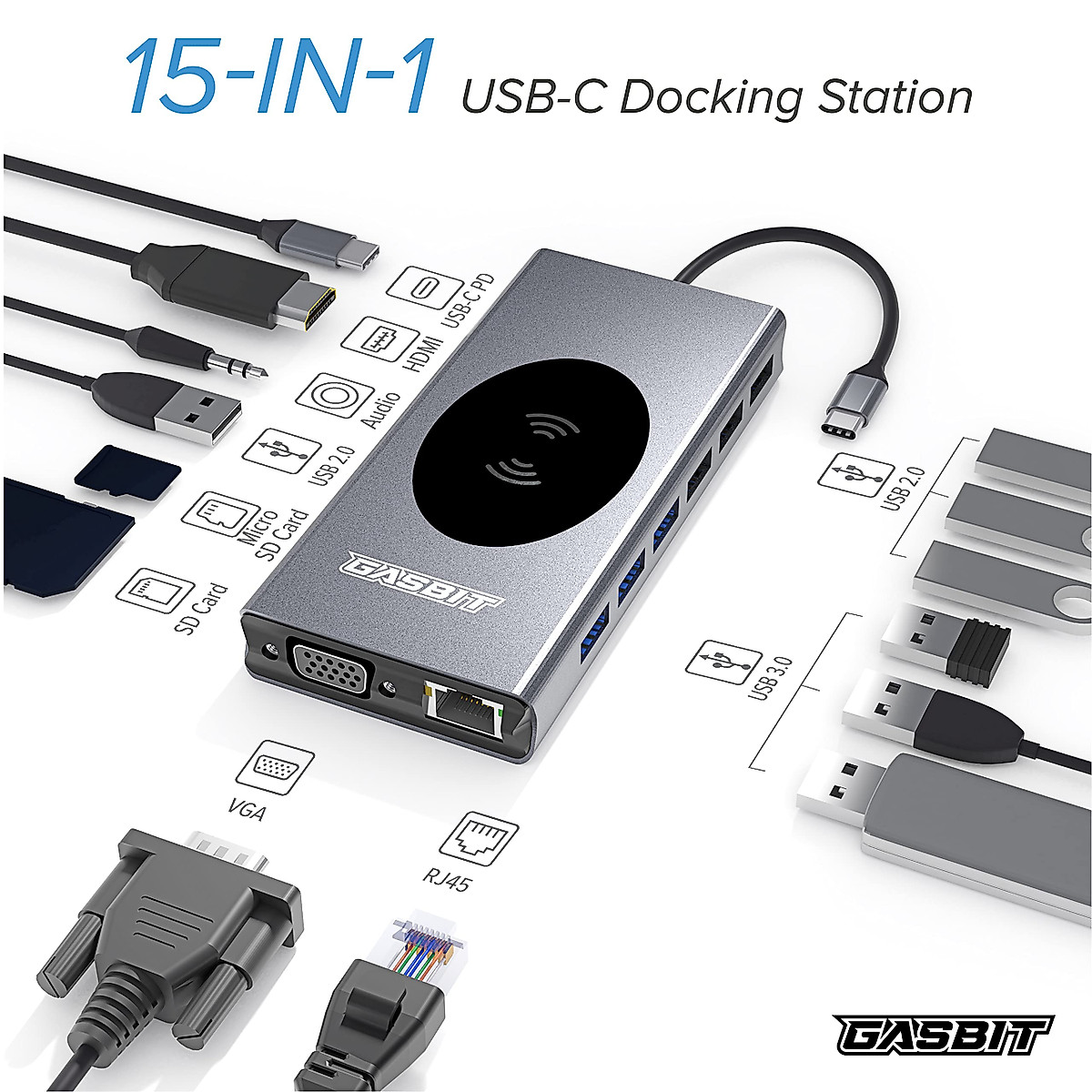 Docking Station USB-C Dual Monitor 15 in 1 for MacBook Pro/Air/Dell/Lenovo/HP. with Wireless Phone Charger. Dongle to 4K HDMI. VGA, SD/Micro SD Card Reader. Ethernet. 1 USB-C-PD. Audio Jack.