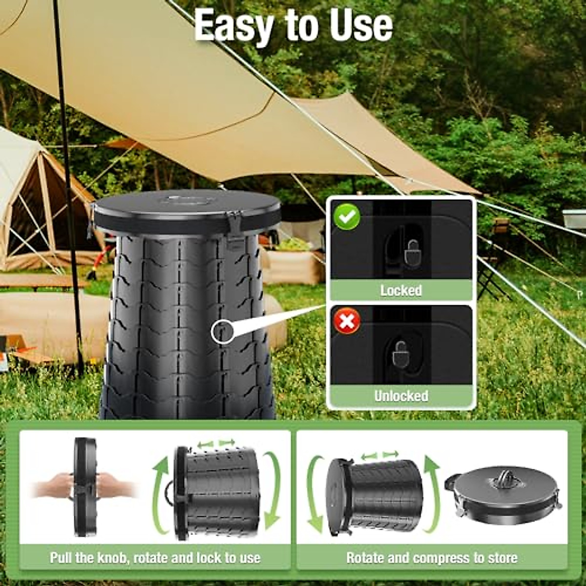 XXL Portable Toilet for Camping, 19.7"H Super Large Retractable Potty for Adults, Adjustable Height, with Liquid Waste Gel, Toilet Bag (Black)