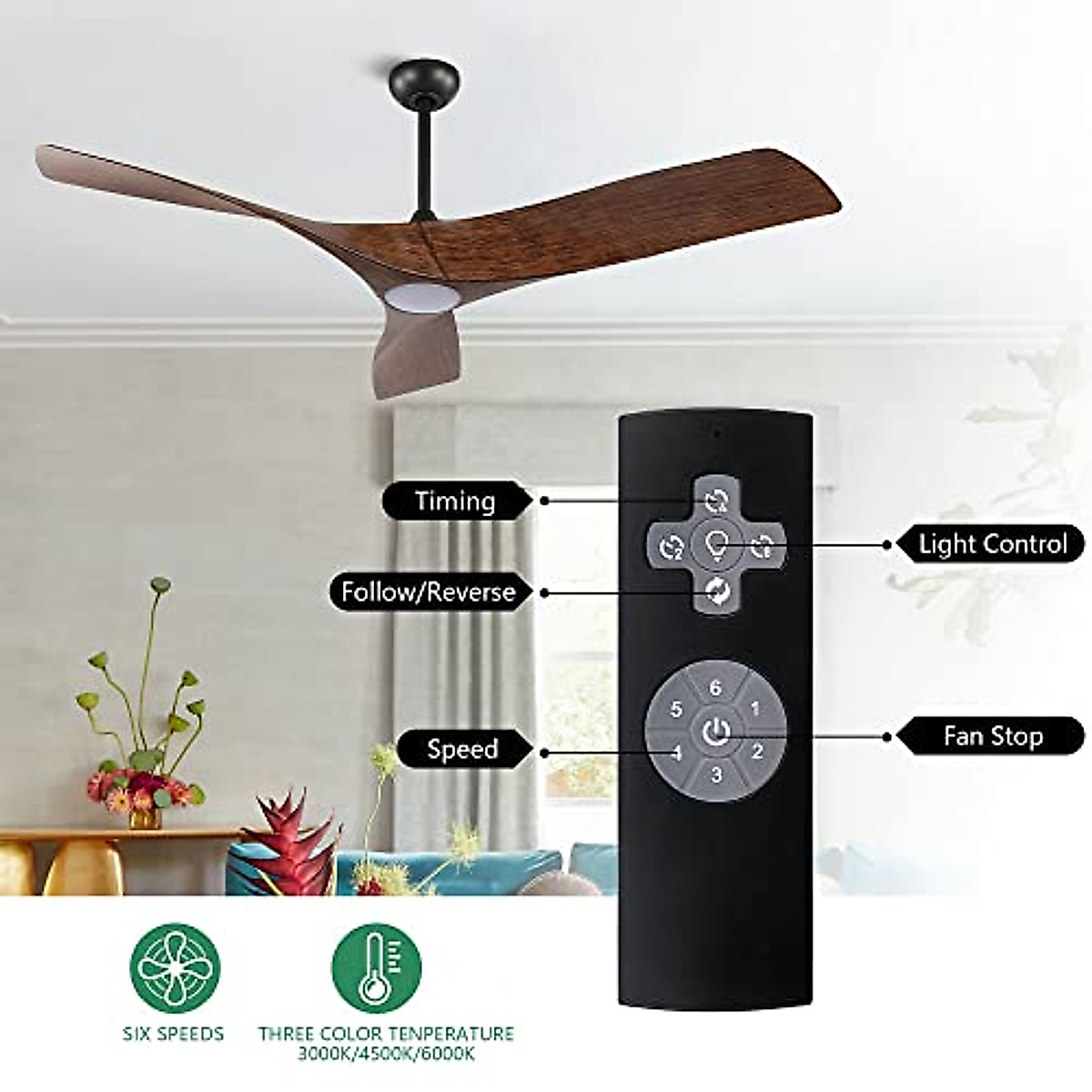 WINGBO Ceiling Fan, 62in DC, Walnut, Modern, Old Bronze, 3 Curved ABS Blades, Light Kit, Remote, Living Room, Kitchen, Bedroom, ETL Listed