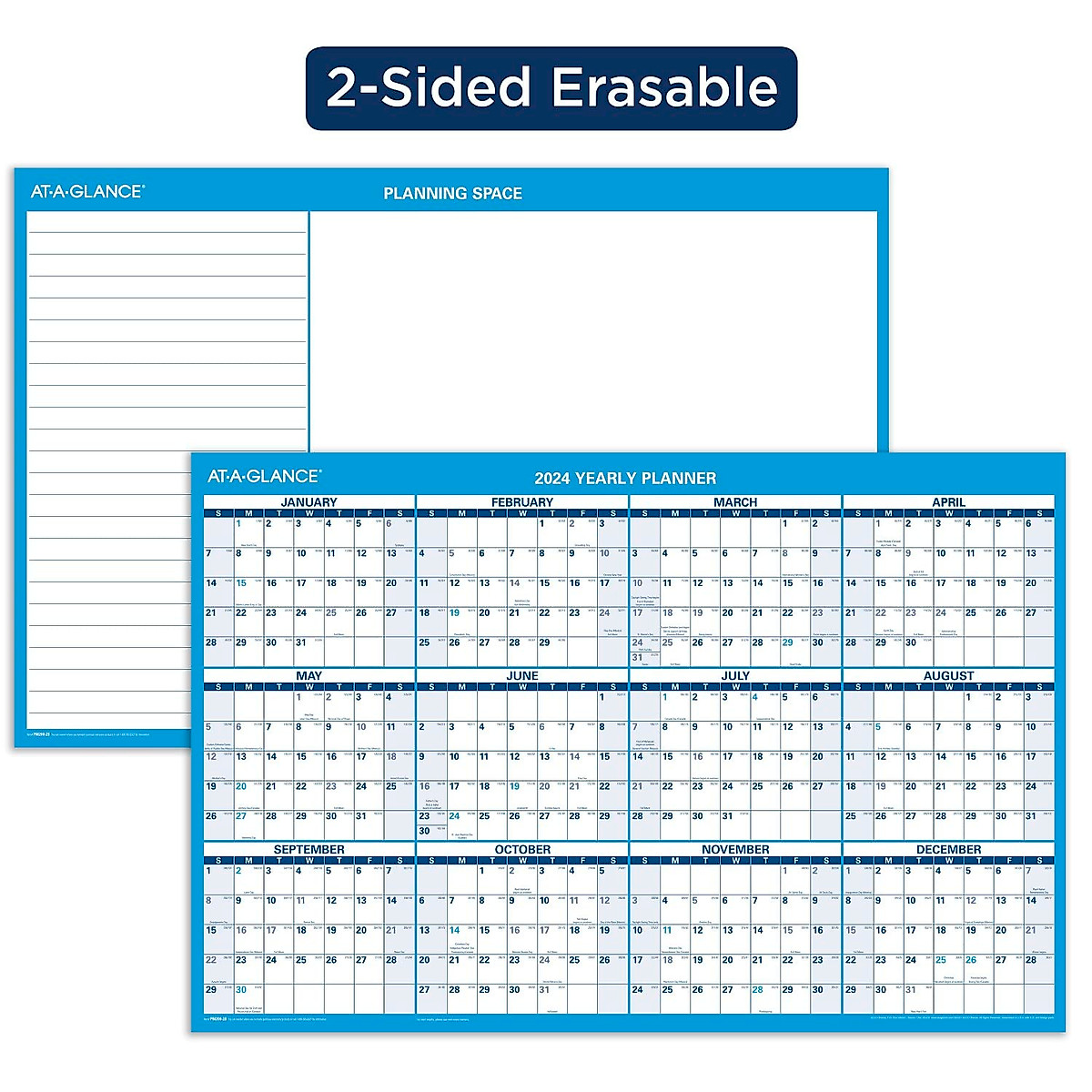 AT-A-GLANCE 2024 Erasable Calendar, Dry Erase Wall Planner, 36" x 24", Large, Horizontal, Reversible for Planning Space" (PM2002824)