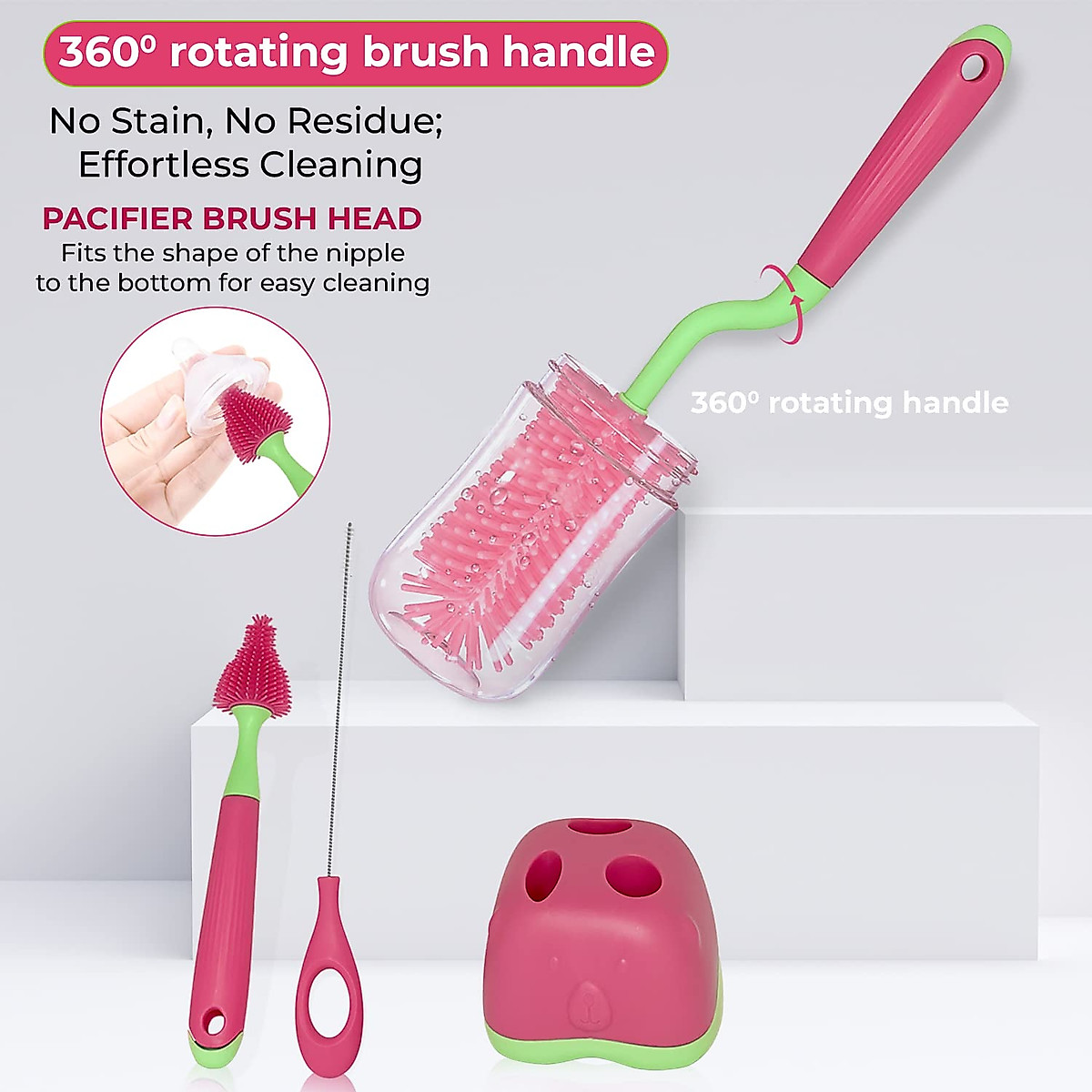 Triplevo 3 in 1 Silicone Baby Bottle Cleaning Brush Kit with Stand – Baby Cleaning Brush Set for Baby Milk Bottles Straws Breast Pumps & Other Accessories – Capable to 360° Overall Cleaning (Pink)