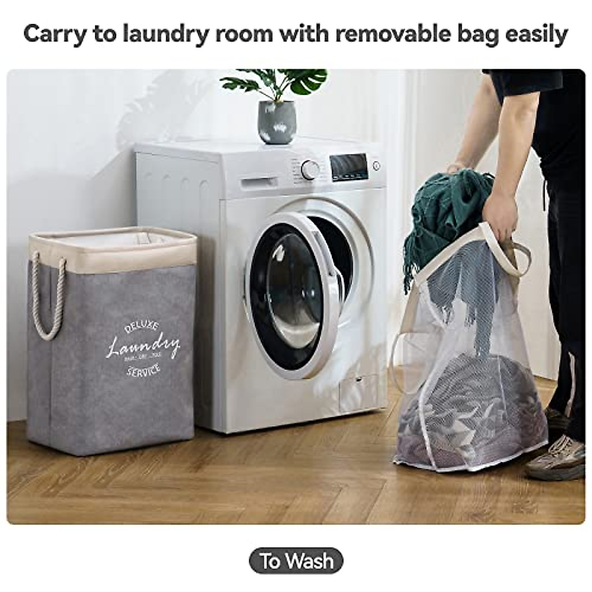 TECHMILLY 72L Large Laundry Hamper with Removable Bag, Collapsible Laundry Basket with Rope Handles, Dirty Clothes Hamper for Bedroom, Living Room, Clothes Toys Organizer, Grey