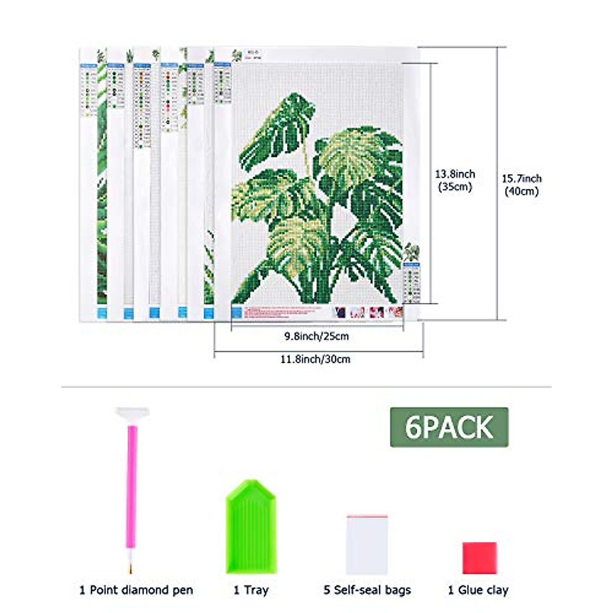 PP OPOUNT 6 Pack 5D Diamond Painting Kits for Adults, Green Plants Full Drill Round Diamond Cross Stitch Diamond Painting by Number Kits for Home Wall Decor(11.8x15.7 inch, Patent Product)