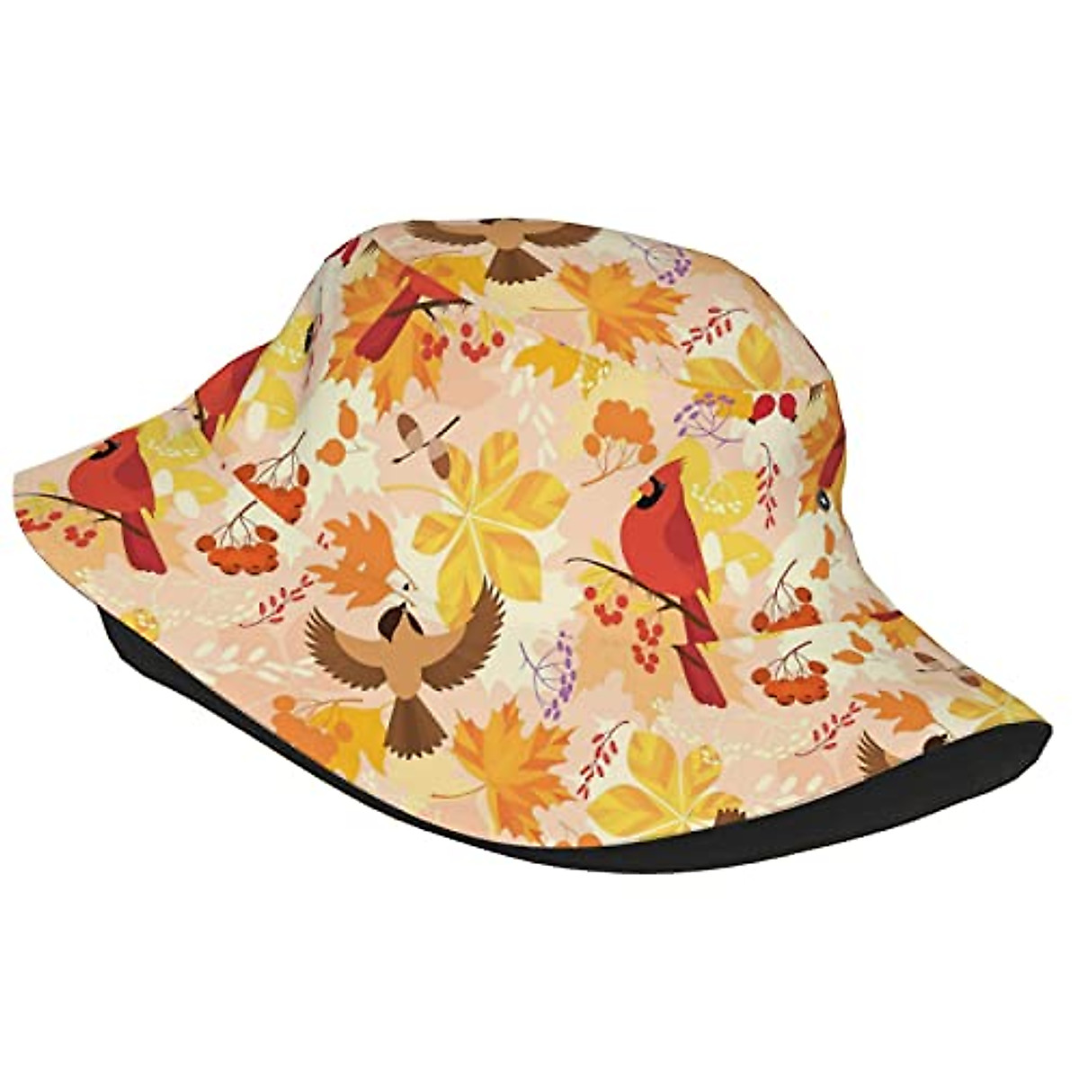 Autumn Maple Leaf and Cardinal Berry Acorns Bucket Hats for Women Men Unisex Summer Fisherman Hats Teens Sun Protection Cap Packable Trendy Travel Beach Vacation Cap