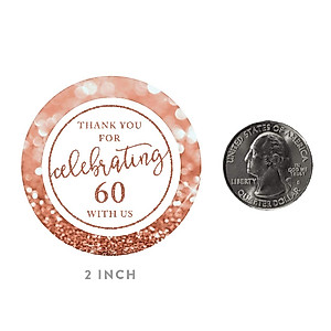 Andaz Press Glitzy Faux Rose Gold Glitter Round Sticker Labels, Thank You for Celebrating 60 with Us, 60th Birthday or Anniversary, 40-Pack