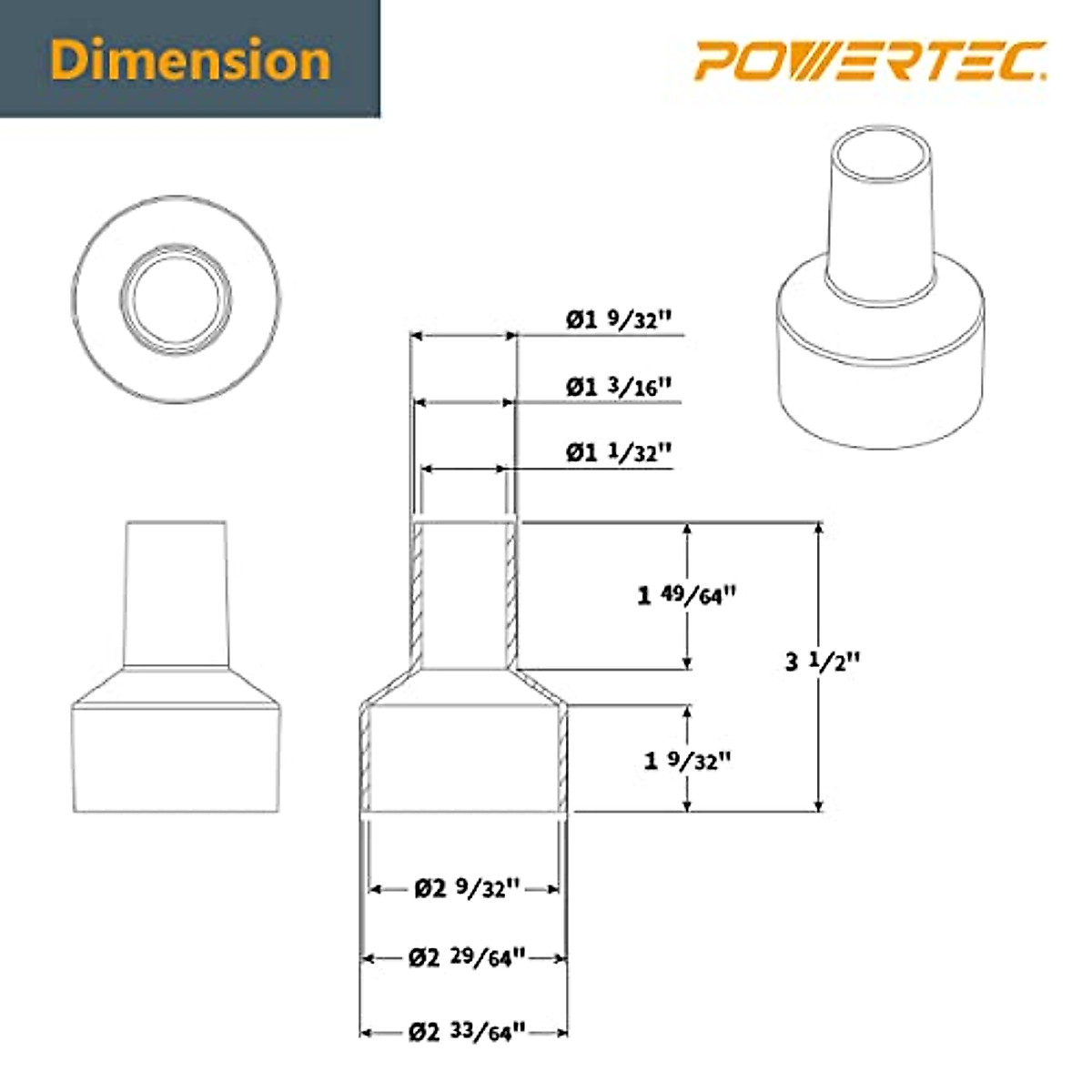 POWERTEC 70140 2-1/2” to 1-1/4” Hose Reducer – Conversion Unit for Dust Collection Accessories