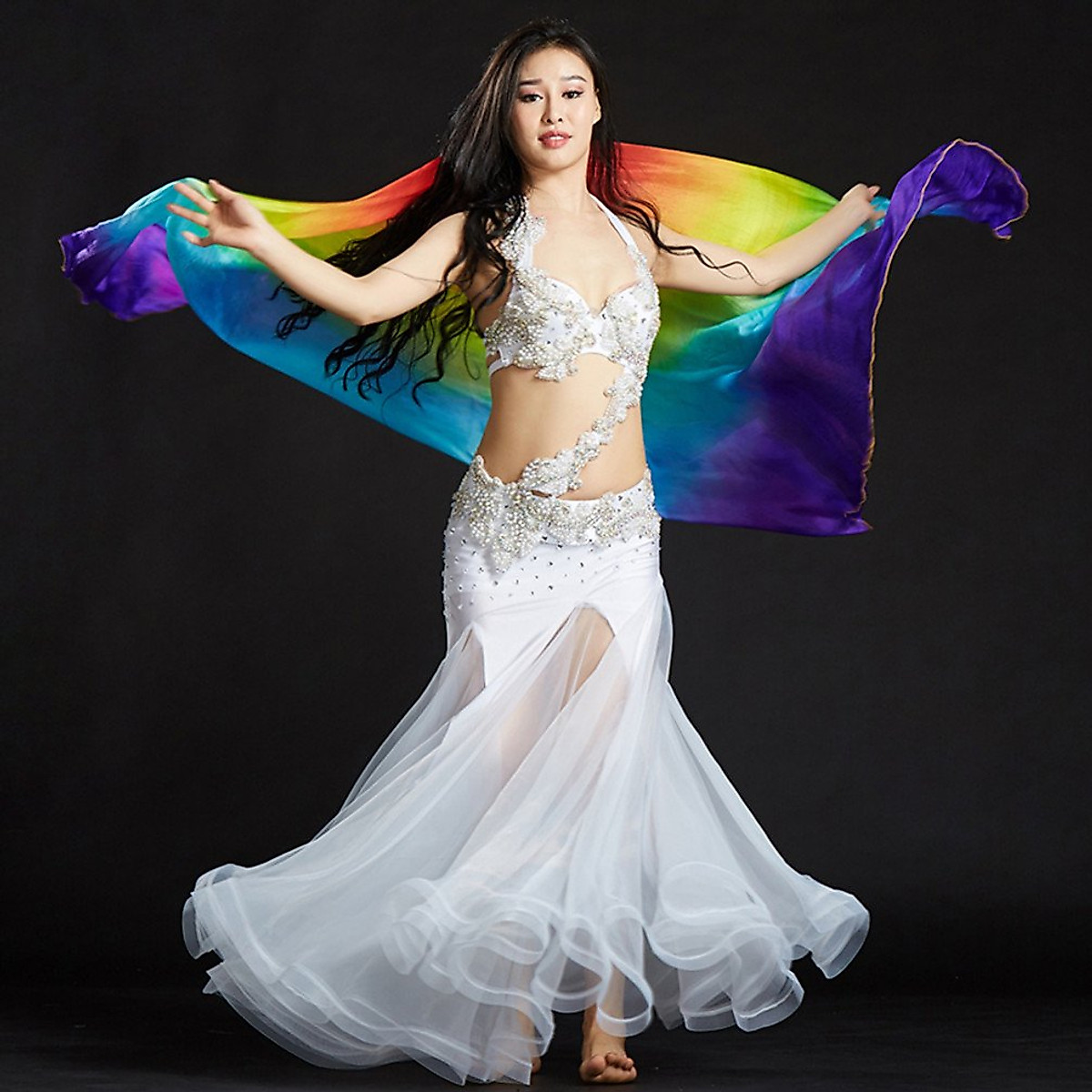 DEMON BABY 2020 Professional High-grade Pure Silk Half Circle Rainbow Belly Dance Veils Scarf Big Shawl(1Pair-Double Veils;#4)